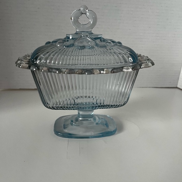 Indiana Glass | Dining | Indiana Glass Blue Lidded Pedestal Lace Edge ...